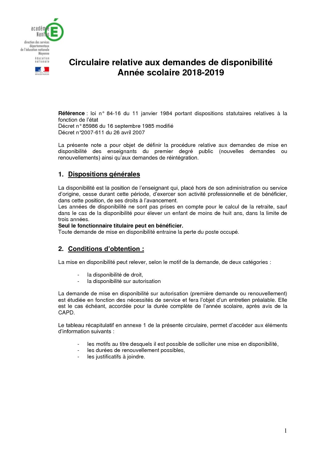 mise en disponibilité éducation nationale